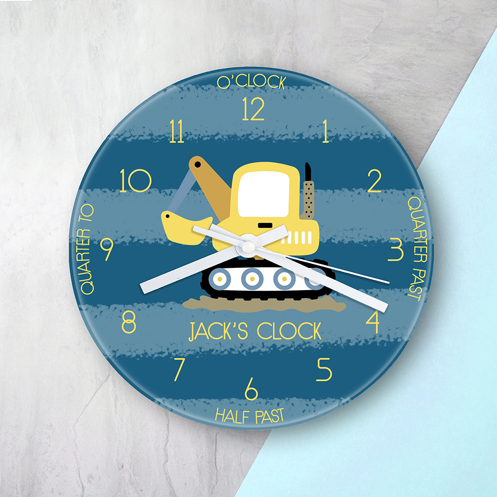 Personalised Kids Digger Glass Clock - Gift Factory