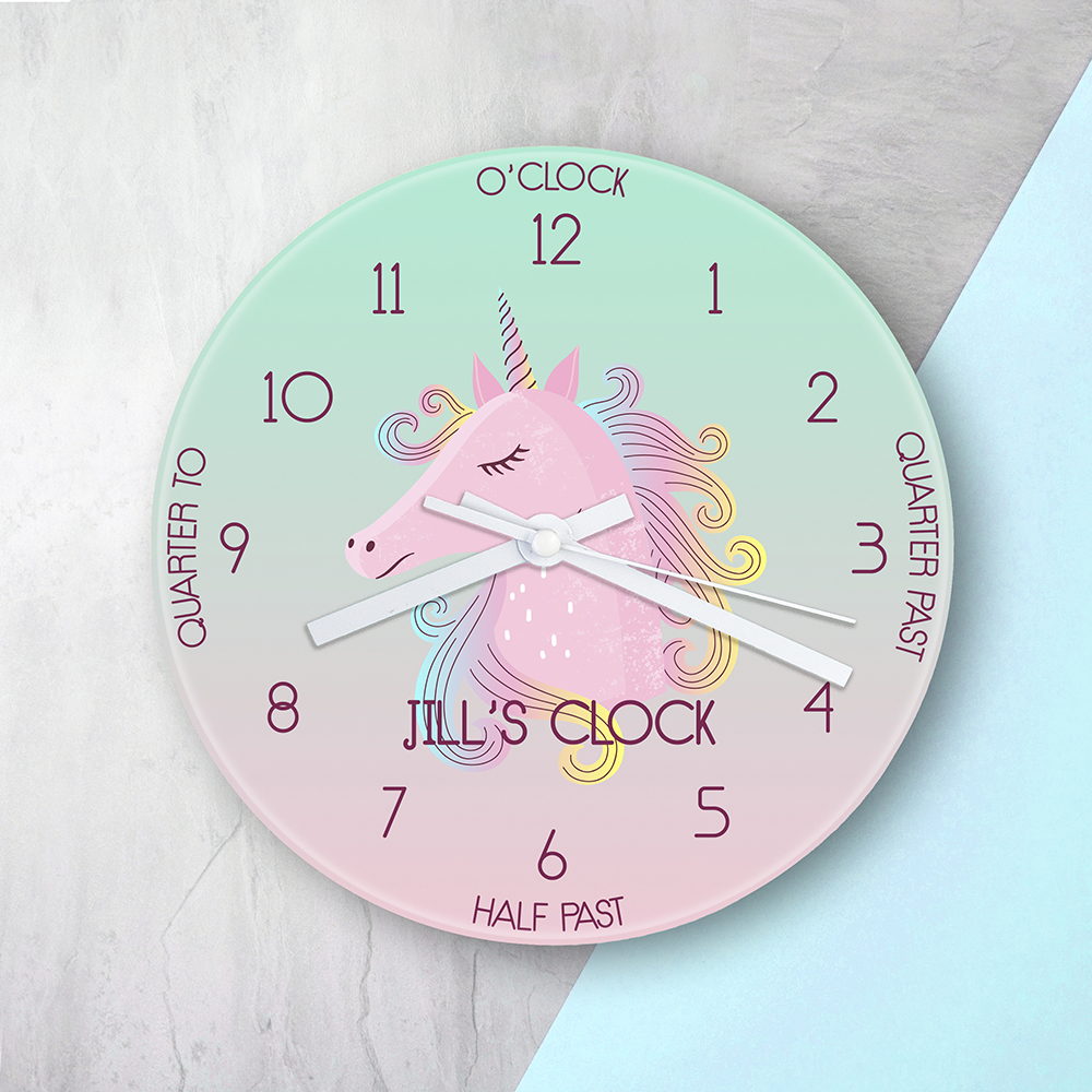 Personalised Kids Unicorn Glass Clock - Gift Factory